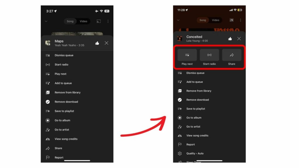 YouTube Music Testing Overflow Menu Redesign